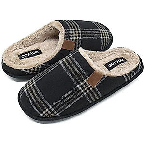 COFACE Mens Black Flano Plaid Cozy Memory Foam scuff Slippers Slip On Warm House Shoes Indoor/Outdoor With Best Arch Surpport Size 8