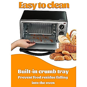 Toaster Oven 4 Slice Countertop - Pizza Oven with Timer, Convection Oven fits a 9 Inch Pizza, for Bake, Broil, Toast, Includes Baking Pan and Rack, Stainless Steel, Silver