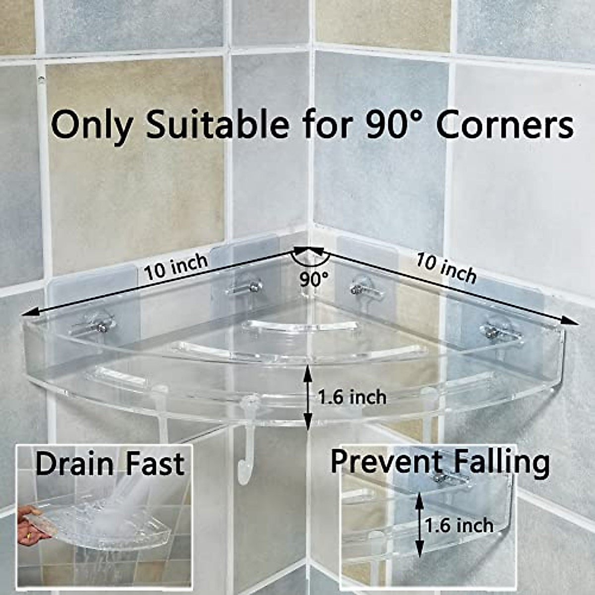 2 Pcs Adhesive Acrylic Corner Shower Caddy Shelf with Hooks Hollow Wall Mounted No Drilling Clear Corner Shelf for Shower Kitchen Organizer