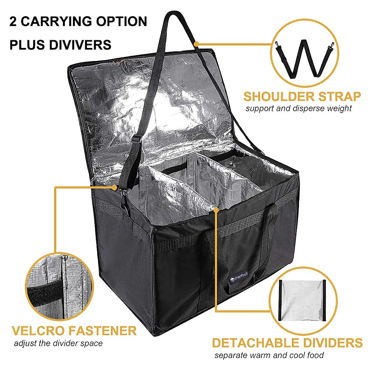 cherrboll Insulated Food Delivery Bag, Commercial Grade Food Warmer with Detachable Dividers & Shoulder Strap, Thick Thermal Carrier for Restaurant Catering Transport