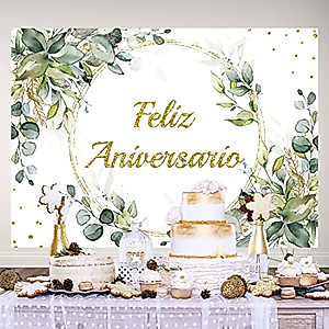 Lofaris Feliz Aniversario Backdrop for Photography Green Leaves Shinning Dots Gold Ring Mexican Happy Anniversary Decorations Supplies Floral Cake Table Banner Photo Booth Props 7x5ft
