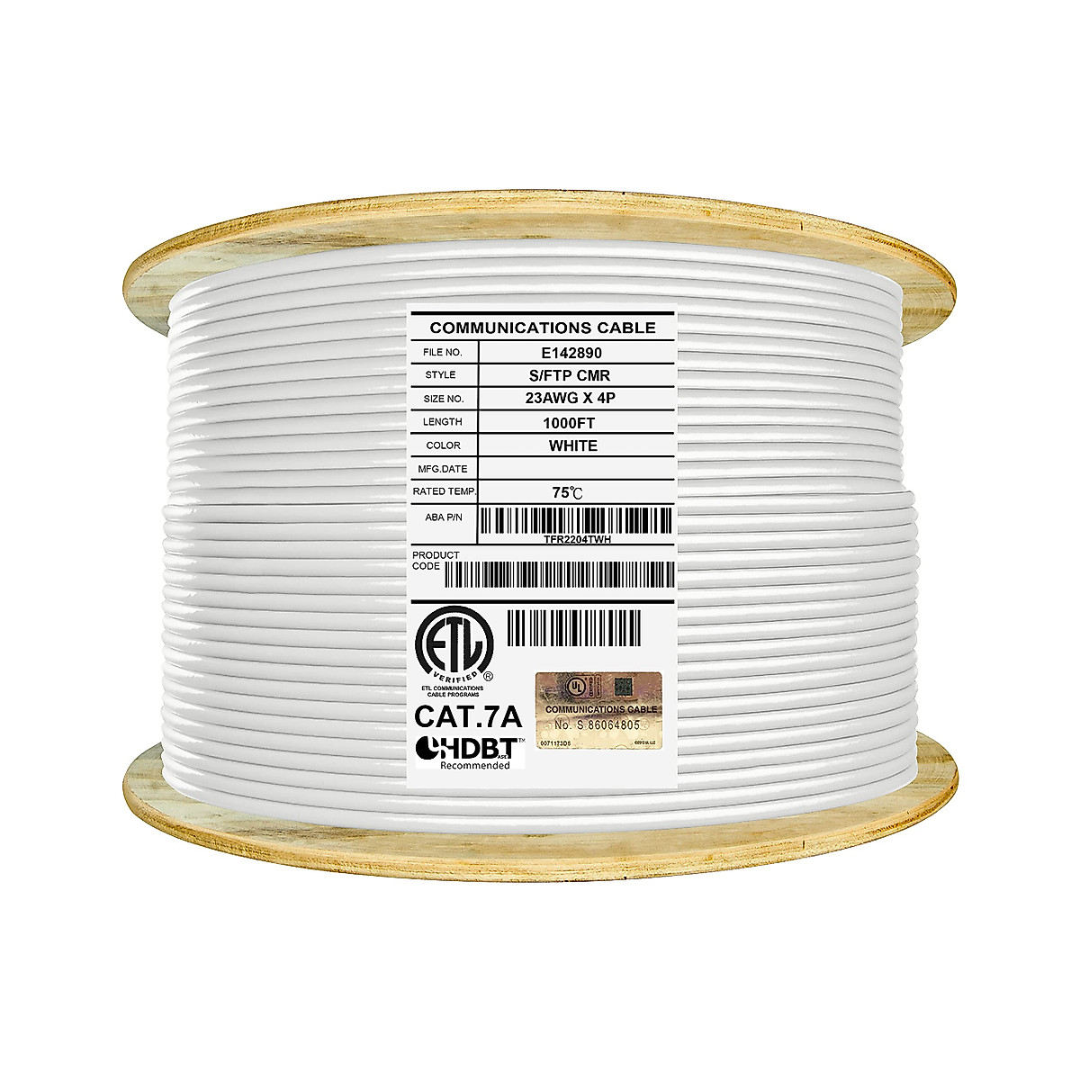 Elite CAT7A Shielded Riser (CMR), Ethernet Cable 1000ft Reel, Shielded Foil Twisted Pair (S/FTP) 23AWG, Solid Pure Bare Copper, 1000MHz, UL Certified, Easy Pull, Bulk Networking Cable - White