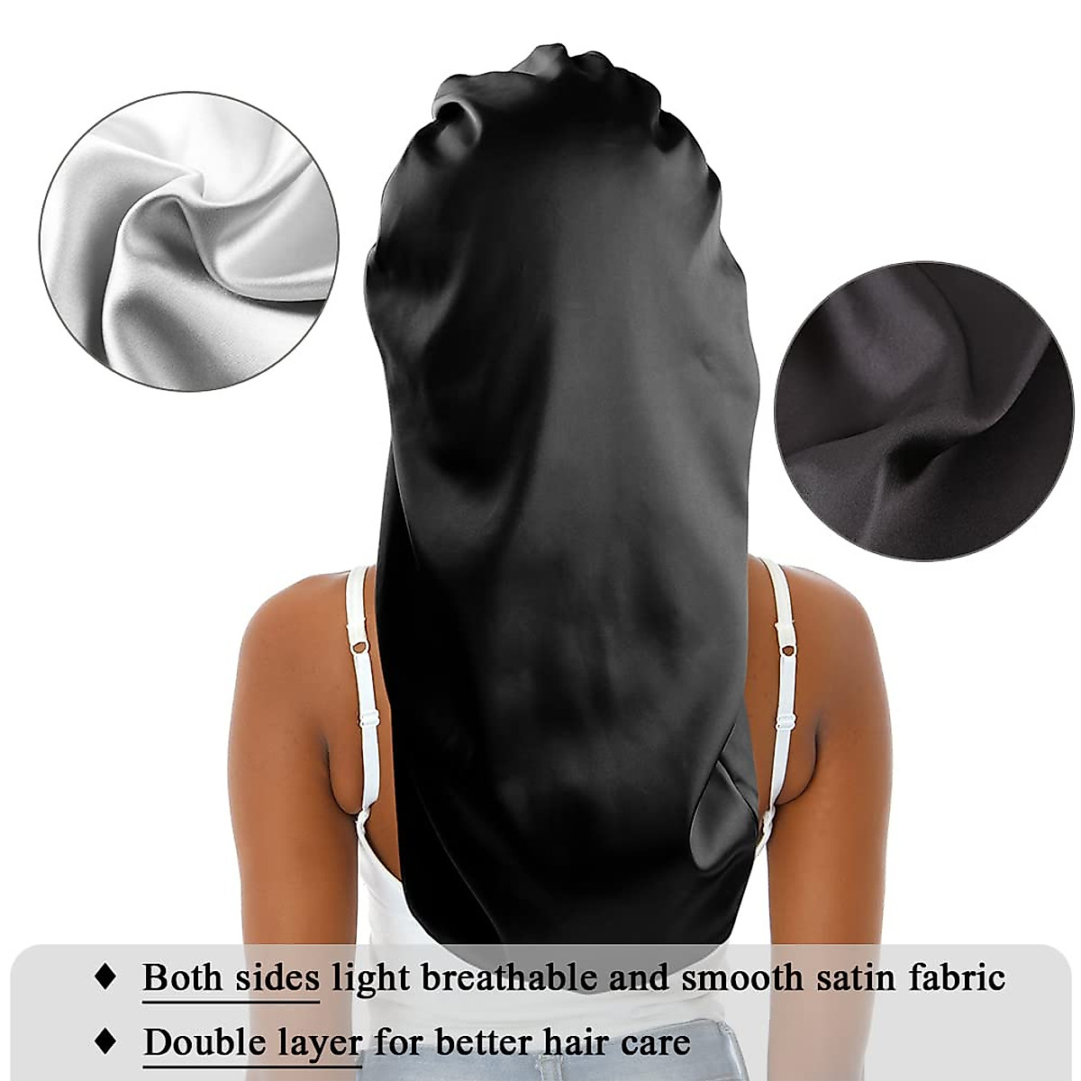 Sent Hair Extra Large Satin Hair Bonnet for Women, Double-Layer Elastic Night Sleeping Cap with Tie Band for Braids/Curly/Long Hair - Black