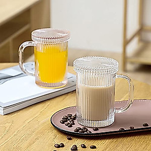 Lysenn Clear Glass Coffee Mug - Classic Vertical Stripes Tea Mug - Elegant Coffee Cup with Glass Lid for Latte, Espresso - Lovely Gift for Christmas, Anniversary and Birthday - 11 oz