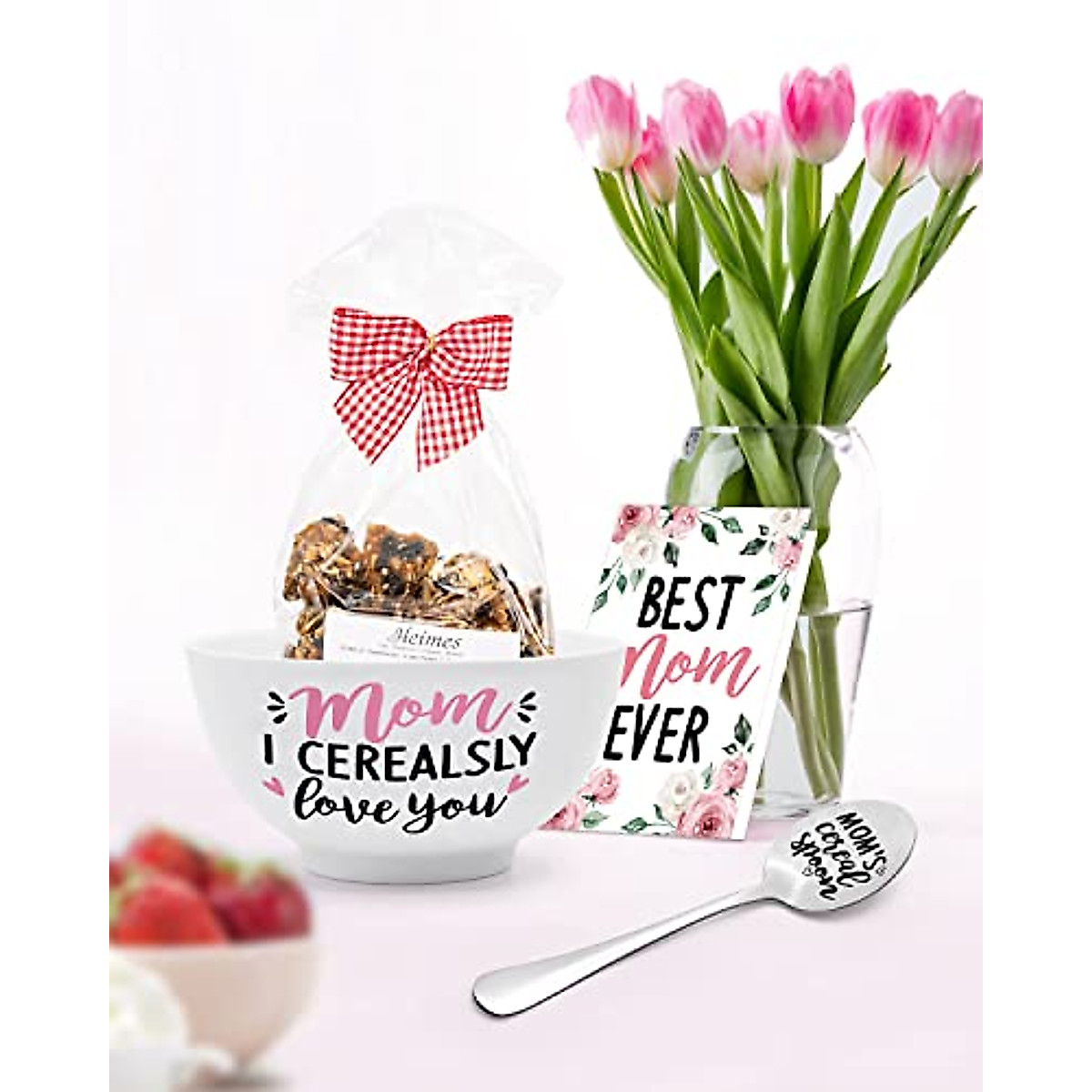 Mom's Cereal Bowl and Spoon Set with Best Mom Ever Greeting Card Christmas Mother's Birthday Engraved Gift Box Basket Idea for Her Cerealsly Love You Mommy Present Set of 3 Thanksgiving New Year