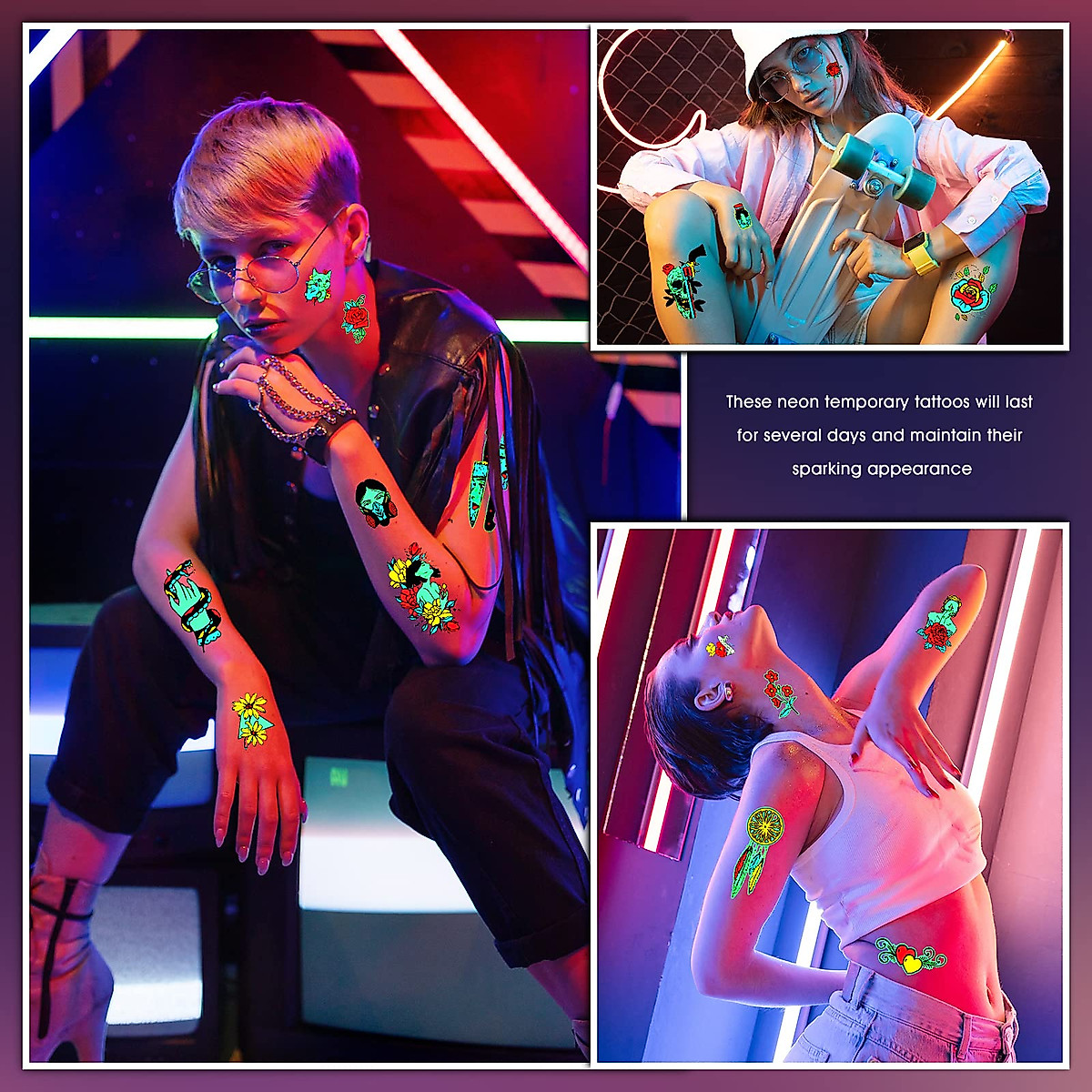 Glow in the Dark Tattoos, ACSAUMMY 12 Sheet Neon Tattoos Makeup Fake Tattoos Rave Festival Accessory UV Temporary Tattoos for Women Men Face Arm Body Blacklight Butterfly Tattoos Adult Party Supplies