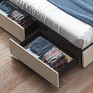 ijuicy Cal King Bed Frame with Storage Drawers.Upholstered Platform Bed Without Headboard,Wood Slat Support,Footboard with Drawer.No Box Spring Needed/Easy Assembly(Cal King,Beige)