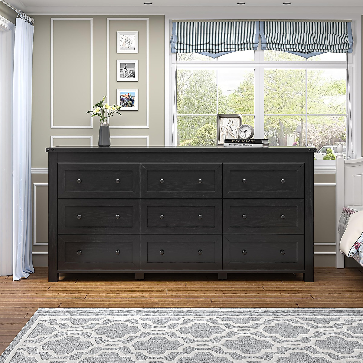 BORNOON 9-Drawer Dresser for Bedroom, Modern Wide Chest of Drawers, Wooden Storage Organizer for Closet, Living Room, Entryway, Home Office, Black Dresser with Ample Storage (Black)