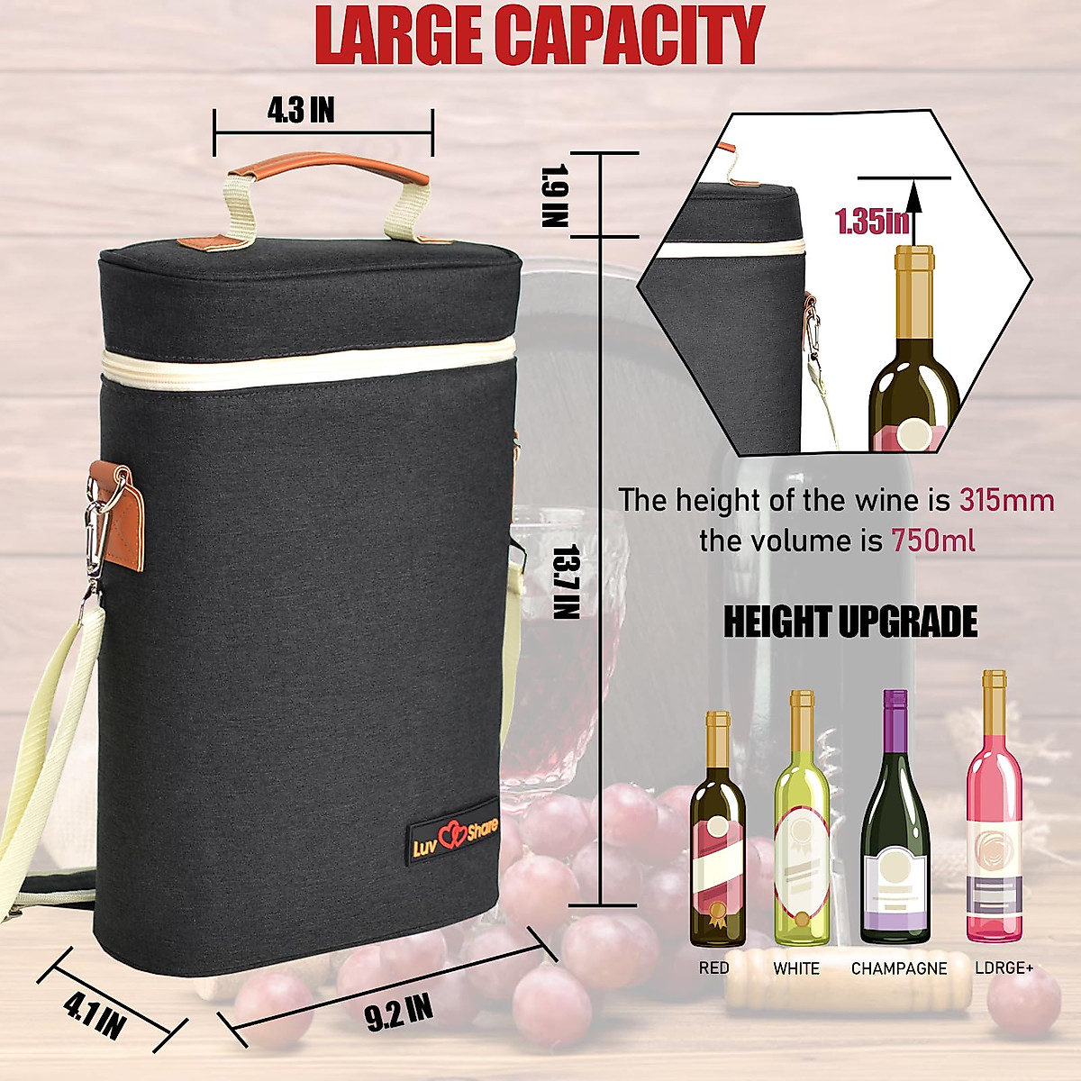 Insulated Leakproof Wine Cooler Bag, Portable Padded Wine Bottle Carrier for Picnic, BYOB, Restaurant, Beach - 2 Bottle, 14" x 9.2" x 4" (Black)