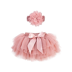 Simplicity Toddler Girls Tutu Skirt with Inner Shorts Baby Tutu Skirt w/Flower Headband Newborn Photography Outfits Girl,Bean Sand,0-6 Months