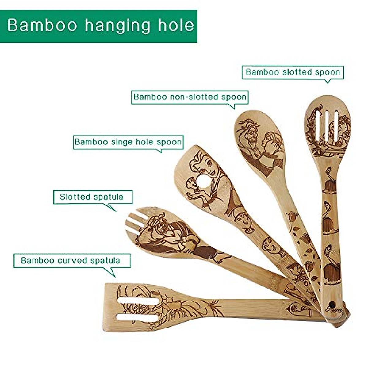 Beauty and the Beast Burned Wooden Spoons Cooking &Serving Utensils Set Bamboo Spoon Slotted Kitchen Utensil Fun Gift Idea Warming Present (Set of 5)