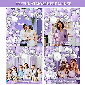 Pateeha Purple Balloon Garland Kit 140 Pcs Lavender White Silver Balloon Arch Butterfly Stickers 12Pcs for Birthday Bridal Shower Purple Baby Shower Decorations for Girl