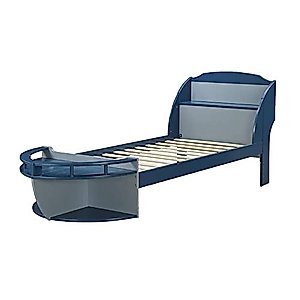 Epinki Twin Bed in Gray & Navy, Wood, Platform Bed Frame, Easy Assembly