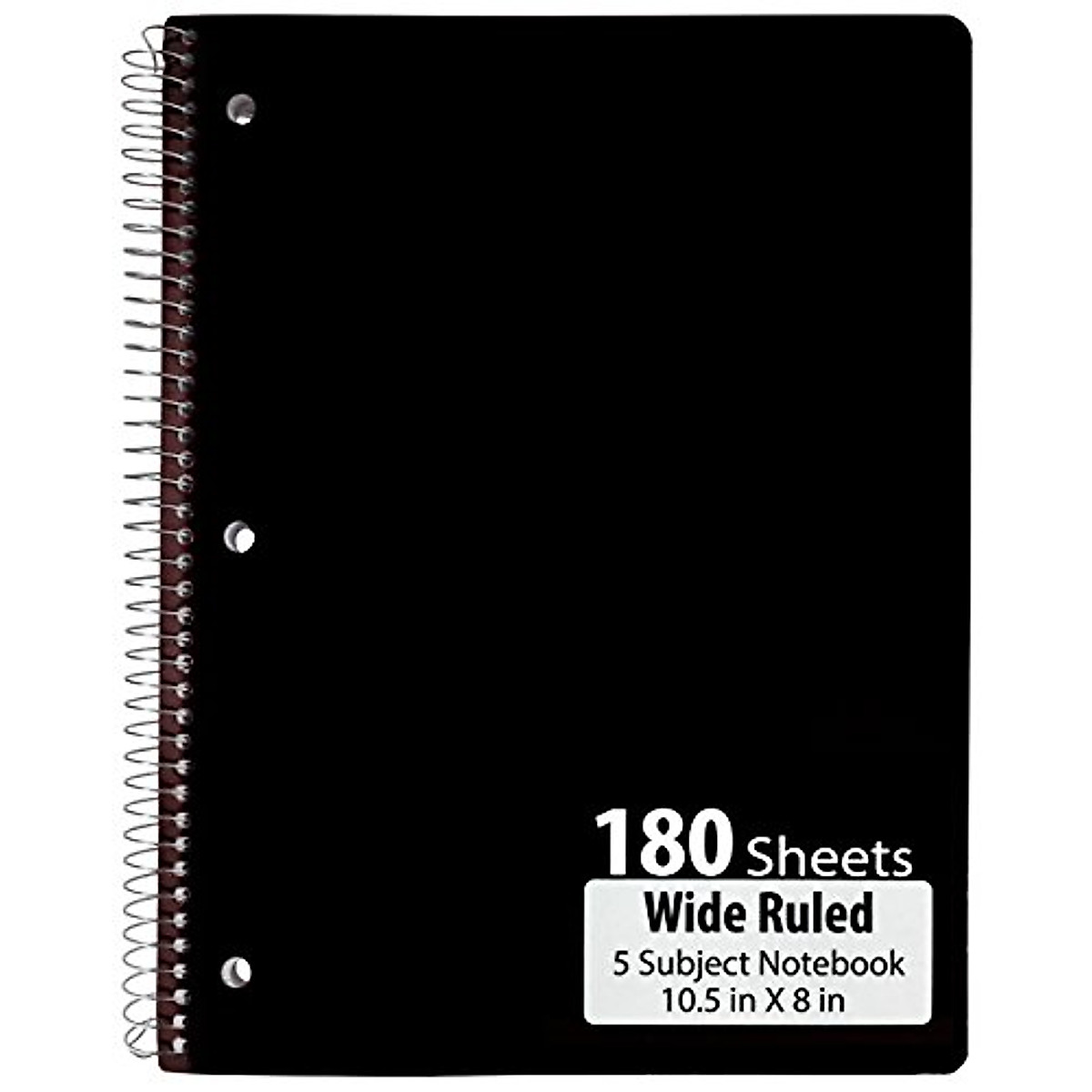 Emraw 5 Subject Notebook Spiral with 180 Sheets of Wide Ruled White Paper - Set Includes: Red, Black, Purple, & Blue Covers (Random 2-Pack)