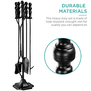 Best Choice Products Fireplace Tool Set 5pc Indoor Wrought Iron Outdoor Firepit Tool Set w/Poker, Tongs, Broom/Brush, Stand - Copper