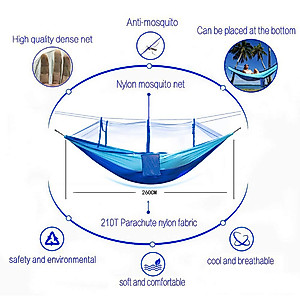 Single & Double Camping Hammock with Mosquito/Bug Net, Outdoor Portable Parachute Nylon Hammock with Tree Straps, Lightweight Backyard Hammock Survival Travel Bed 110" L x 59" W (Blue/Sky Blue)
