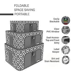 OrganizeME 3 Pack Stackable Clothes Storage Bin Metal Frame Collapsible Storage Box Foldable Bin For Blankets Cloths Comforters Closet Organiser Sturdy Handle Design with Clear Window (Graphite Grey)