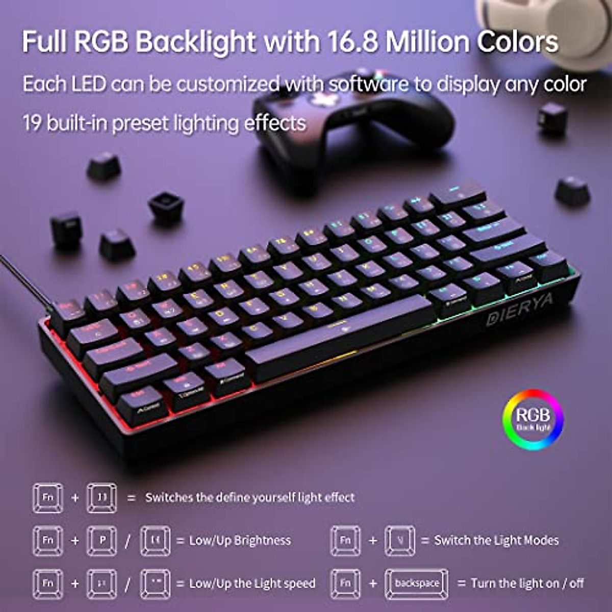 DIERYA DK61E Mechanical Gaming Keyboard, 60% Percent Keyboard w/Hot-swappable, PBT Keycap, Full Keys Programmable, N-Key Rollover, RGB Backlit, USB-C, Ultra-Compact Mini Wired Keyboard w/Blue Switch