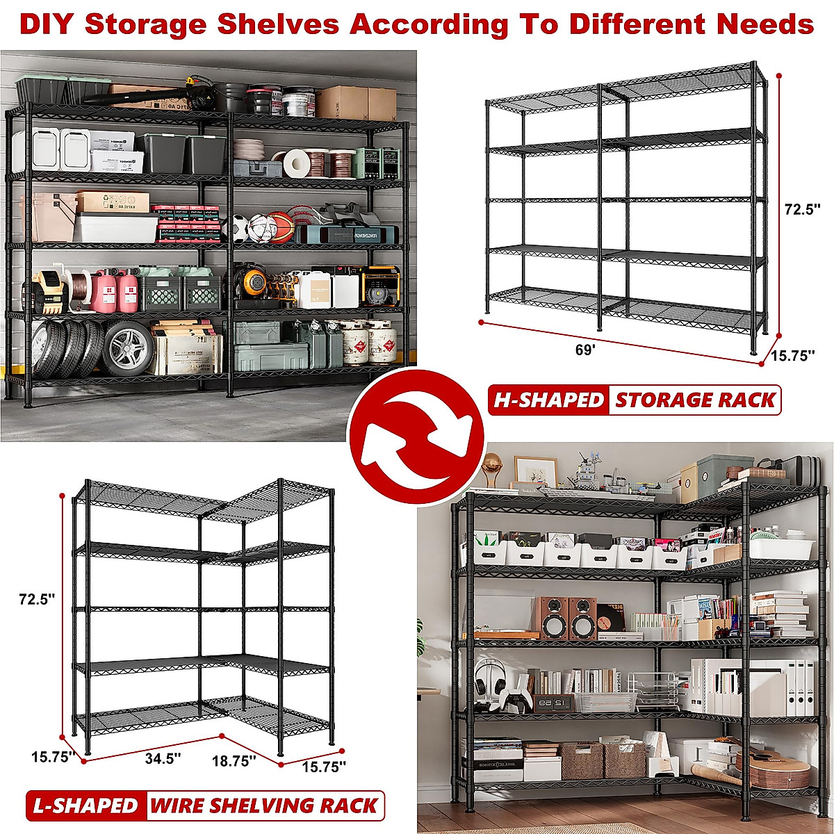 REIBII 69" W Storage Shelves Heavy Duty Load 1600LB,Garage Shelving 5-Tier Wire Shelving Unit Metal Shelves for Storage Adjustable Shelving Rack for Pantry Kitchen Bathroom 69" Wx15.75 Dx72.5 H