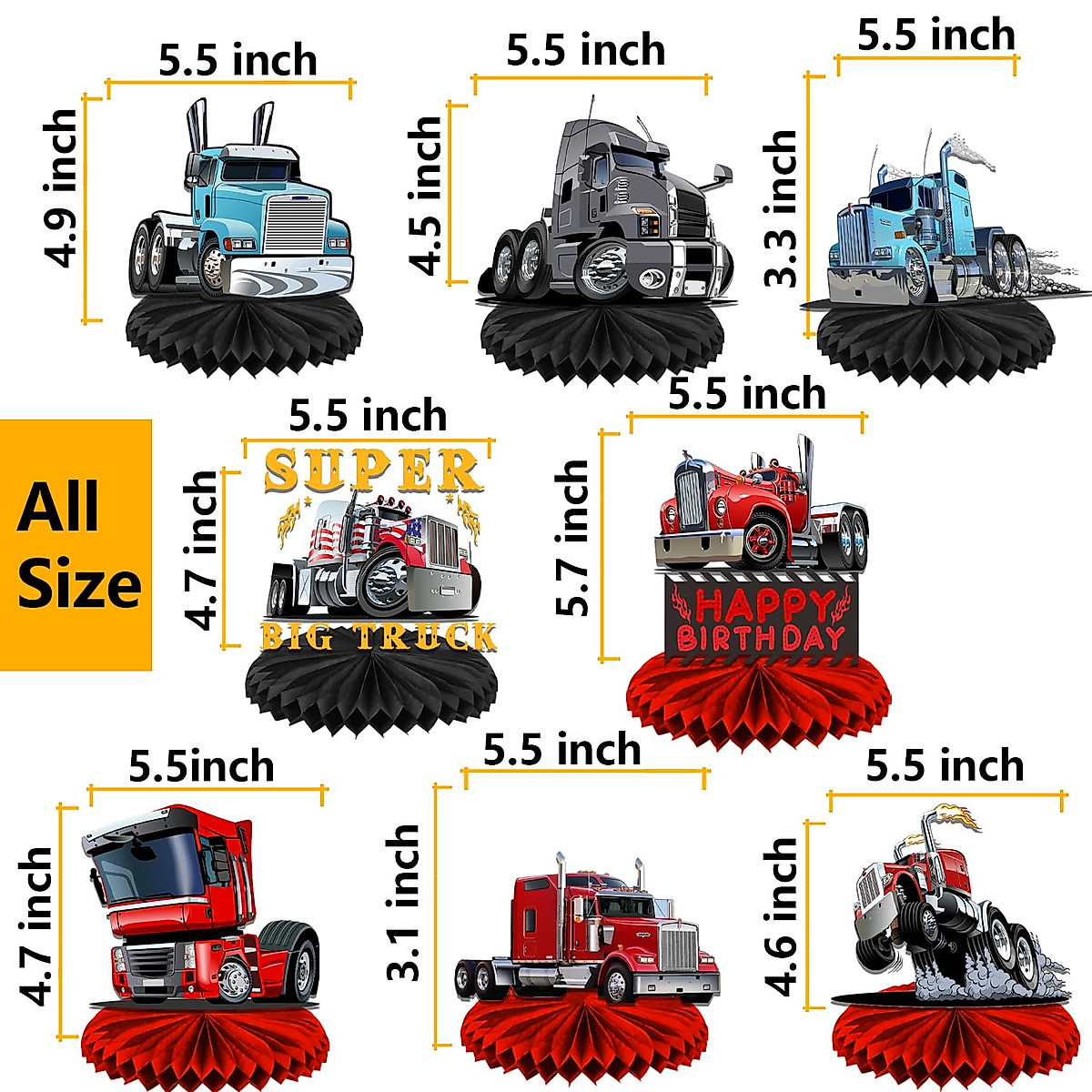 Heavy Trucks Semi Truck Happy Birthday Honeycomb Centerpieces Transportation Theme Decor for Men Boys 1st Birthday Party Supplies Baby Shower Decorations Photo Booth Props Favors