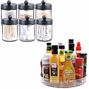 6 Pc Grey Apothecary Jars Bathroom Storage Organizer Bundle with 1 Pack 11 Inches Clear Lazy Susan Rotating Turntable Food Storage Container for Cabinets, Pantry, Fridge, Countertops,Vanity