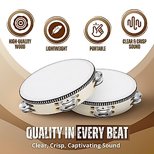 Flexzion Wood Handheld Tambourine Adults 6-Inch Double Row 8-Pair Jingles (Wood) - Percussion Round Tamborines Musical Instrument with Metal Zills