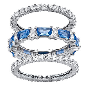 PalmBeach Platinum-plated Emerald Cut Simulated Blue Sapphire and Baguette Cubic Zirconia 3 Piece Set Bridal Eternity Ring Sizes 6-10 Size 10