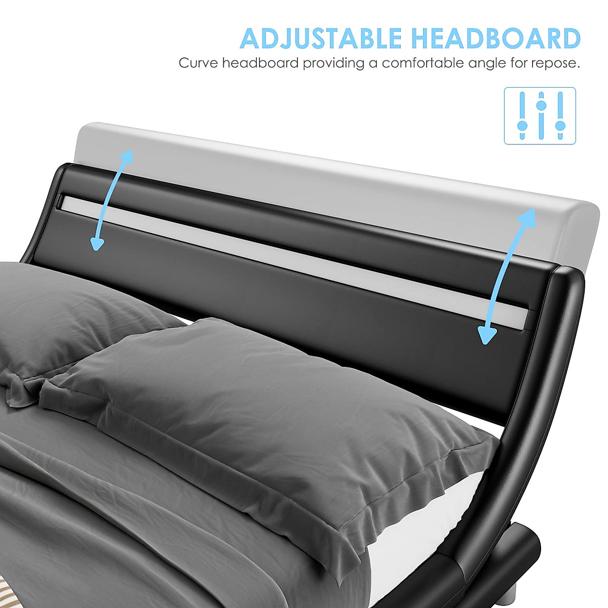 Keyluv Upholstered Full LED Bed Frame with Headboard, Modern Low Profile Platform Bed with Strong Slats Support, Faux Leather Wave-Like Bed Frame, Easy Assembly, No Box Spring Needed, Black