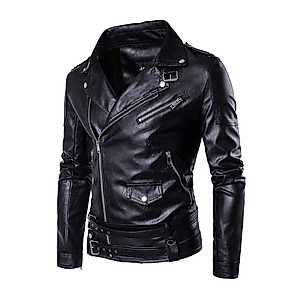 PASOK Men's PU Leather Jacket Causal Belted Faux Leather Motorcycle Jacket Zipper Biker Coat Black XL