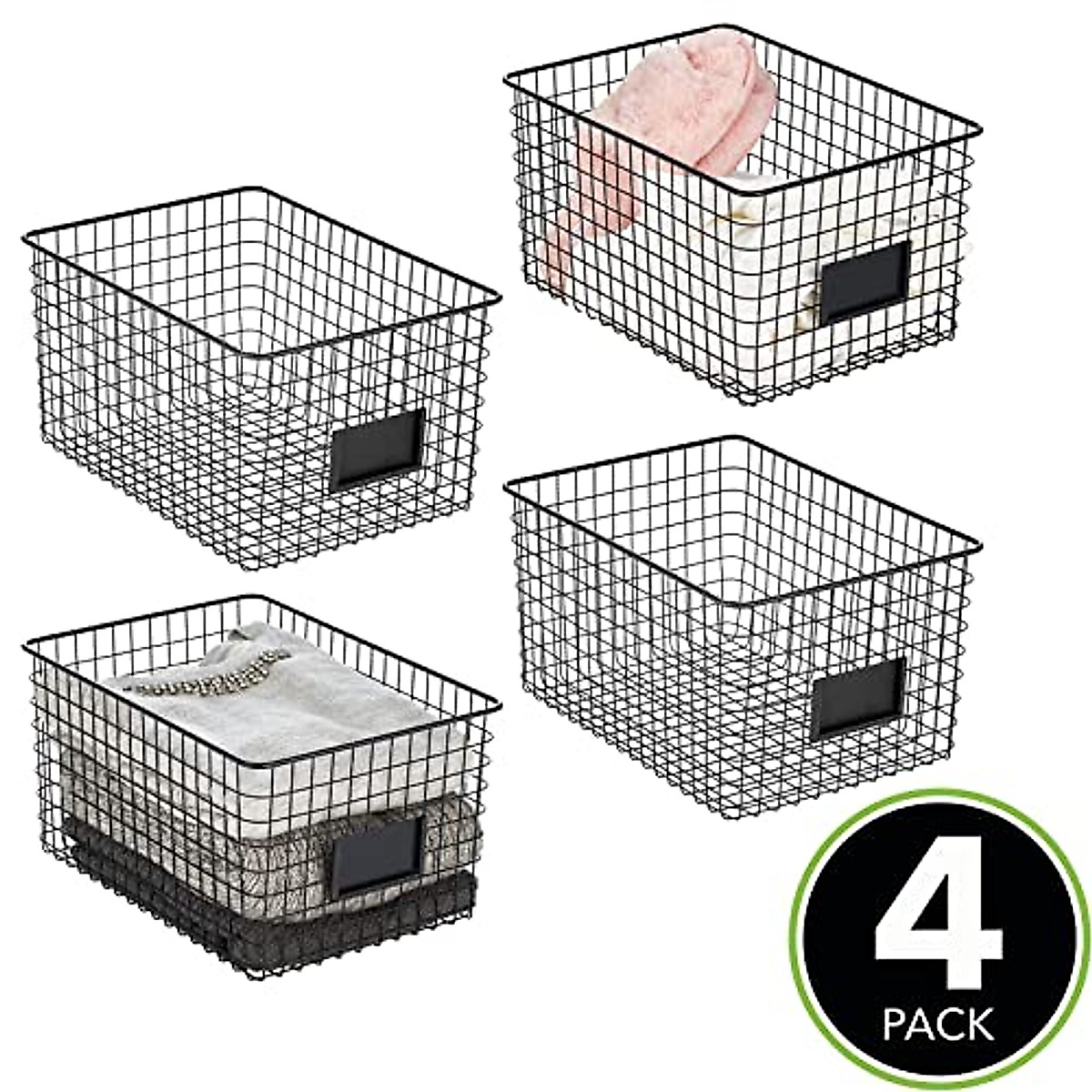 mDesign Large Metal Farmhouse Storage Organizer Bin Baskets with Label Slot for Closet, Cabinet, Cupboard - Wire Organizing Basket Holds Clothing, Linens, Shoes, Omaha Collection, 4 Pack, Matte Black
