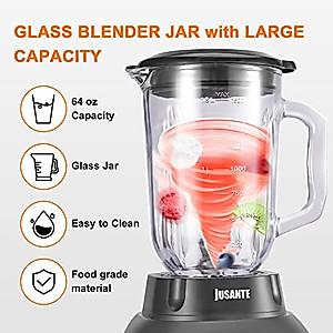 JUSANTE Professional Blender with 1200 Watts and 64 oz Glass Jar Kitchen Countertop Blender for Shakes and Smoothies with High Speed Total Crushing Smoothie Blender Black for Smoothies Frozen Drinks
