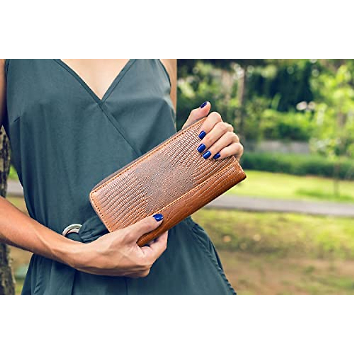 Aaron Leather Goods Women's RFID Blocking Large Capacity Leather Wallet Zip Around Phone Clutch Large Travel Purse Wristlet (Walnut)