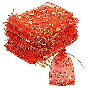 FOIMAS 100pcs Heart Organza Gift Bags,4x6 Inch Red Drawstring Jewelry Pouch Bag for Valentine's Day Wedding Party Favor