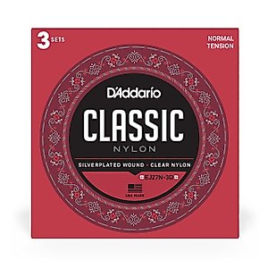 D'Addario Guitar Strings - Classic Nylon Guitar Strings - EJ27N Classical Guitar Strings - Silver Plated Wrap, Nylon Core, Clear Student Nylon Trebles - Normal Tension, 3-Pack