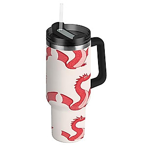 Flradish 30oz Tumbler with Handle, Red Dragon Pattern Stainless Steel Tumbler with Lid and Straws Double Wall Vacuum Insulated Leakproof Coffee Travel Mug