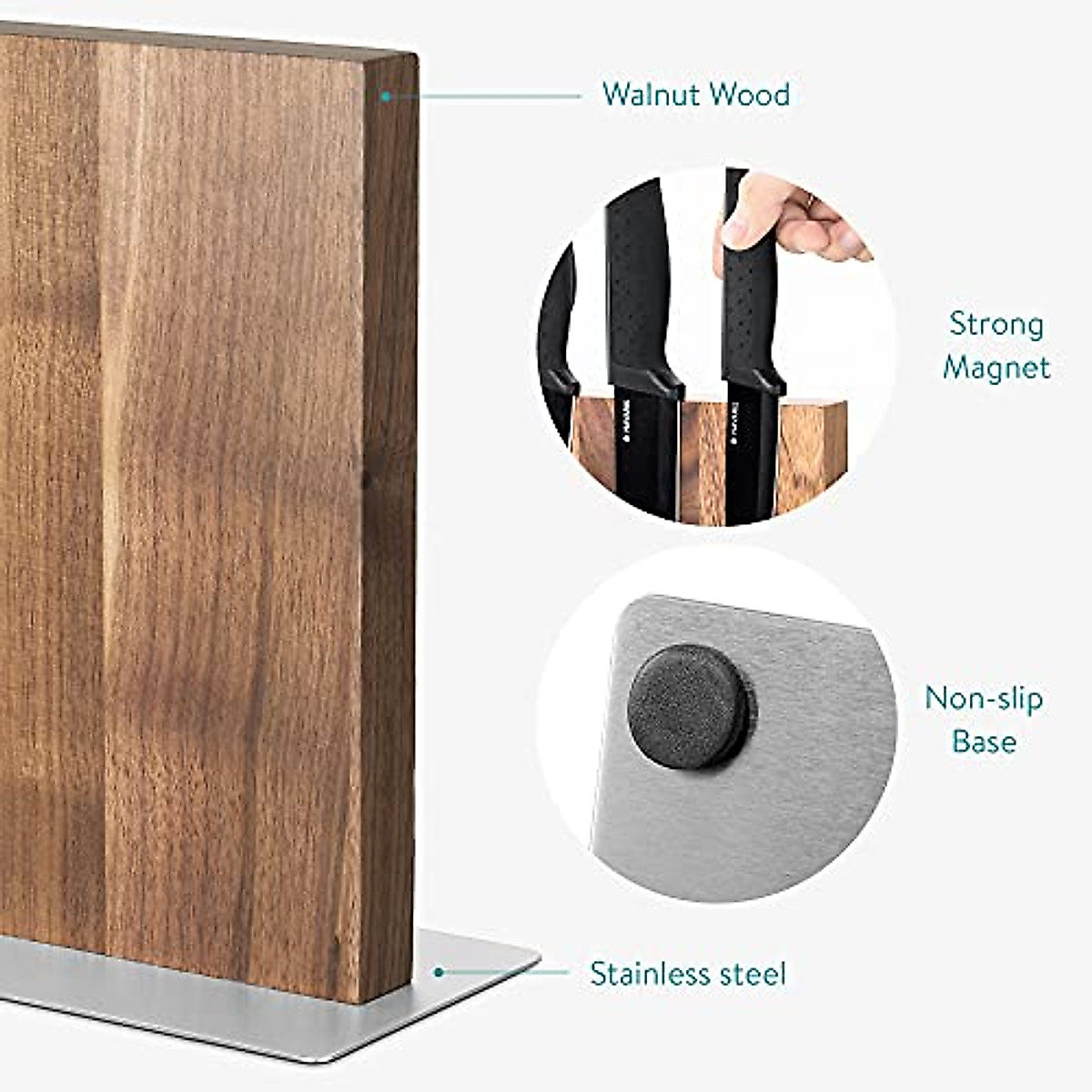 Navaris Wood Magnetic Knife Block - Double Sided Wooden Magnet Holder Board Stand for Kitchen Knives, Scissors, Metal Utensils - Walnut, 8.9 x 8.7 in