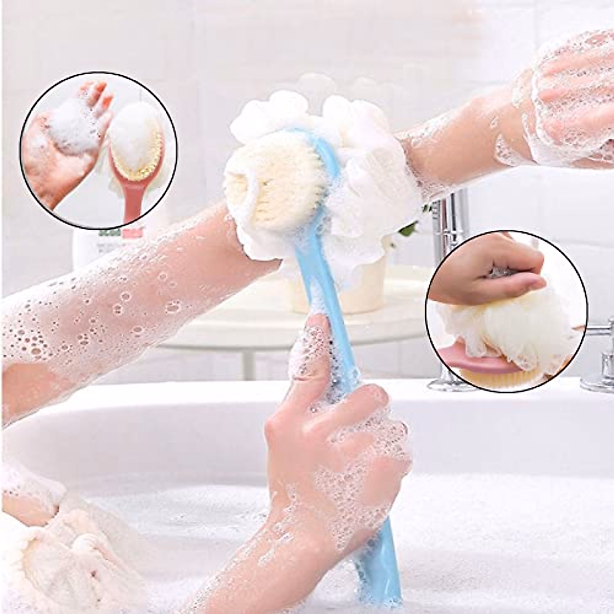 2 Pack Body Brush Back Scrubber for Shower Bath Back Scrubber with Soft Loofah and Bristles Back Scrubber Bath Mesh Sponge with Curved Long Handle Suitable for Wet or Dry, Women and Men (2PACK Set)