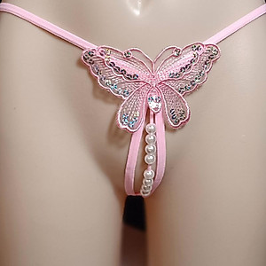 Sekexi Fashion Women Sexy Underwear Cutout Pendant Pearl Beads Embellished Lace Butterfly G-String Thong Underpants Pink