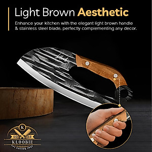KLOOBIE Premium Hammered Stainless Steel 8.23" Meat Cleaver with Ergonomic Wooden Handle and Finger Hole for Enhanced Control – Versatile Kitchen Knife for Chopping, Slicing, & Dicing - Light Brown