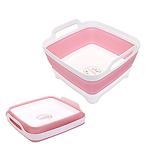 2.4 Gal(9L) Collapsible Dish Basin with Drain Plug, Space Saving Outdoor Multiuse Foldable Sink Tub, Dishpan, Kitchen Storage Tray for Camping, Vegetable Washing, RV (Pink)