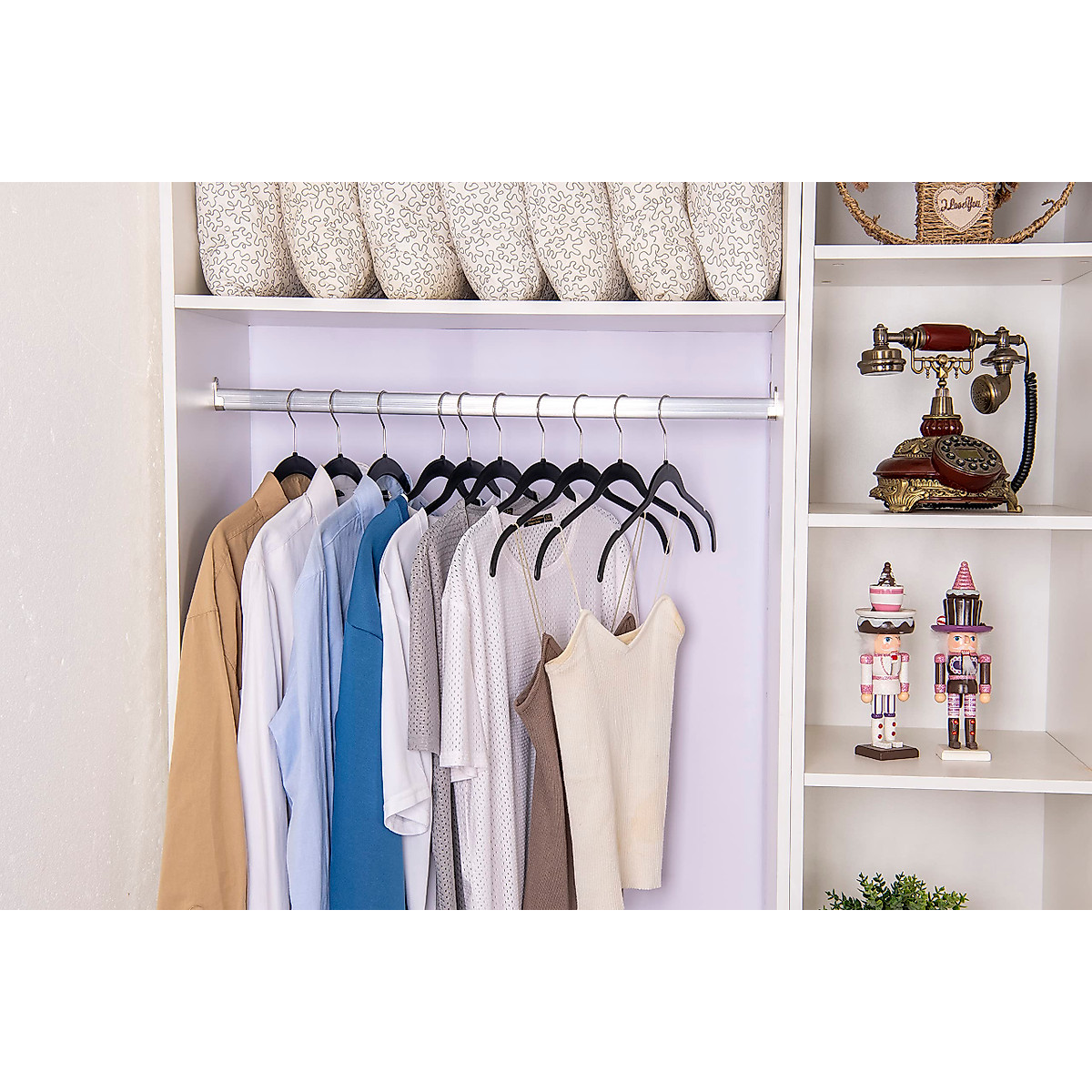 Quality Hangers 50 Pack - Heavy Duty Anti Rust Plastic Clothes Hangers, Space Saving Closet Hangers with Chrome Swivel Hook, Functional Non-Flocked Hangers, Black