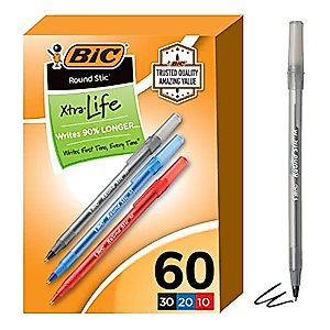 BIC Round Stic Xtra Life Assorted Ink Ballpoint Pens, Medium Point (1.0mm), 60-Count Pack of Bulk Pens, Flexible Round Barrel for Comfortable Writing, No. 1 Selling Ballpoint Pens