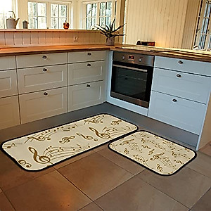 Vantaso Kitchen Floor Mat Rug Beige Wavy Music Notes Set of 2 Cushioned Non-Slip Comfort Runner Rugs