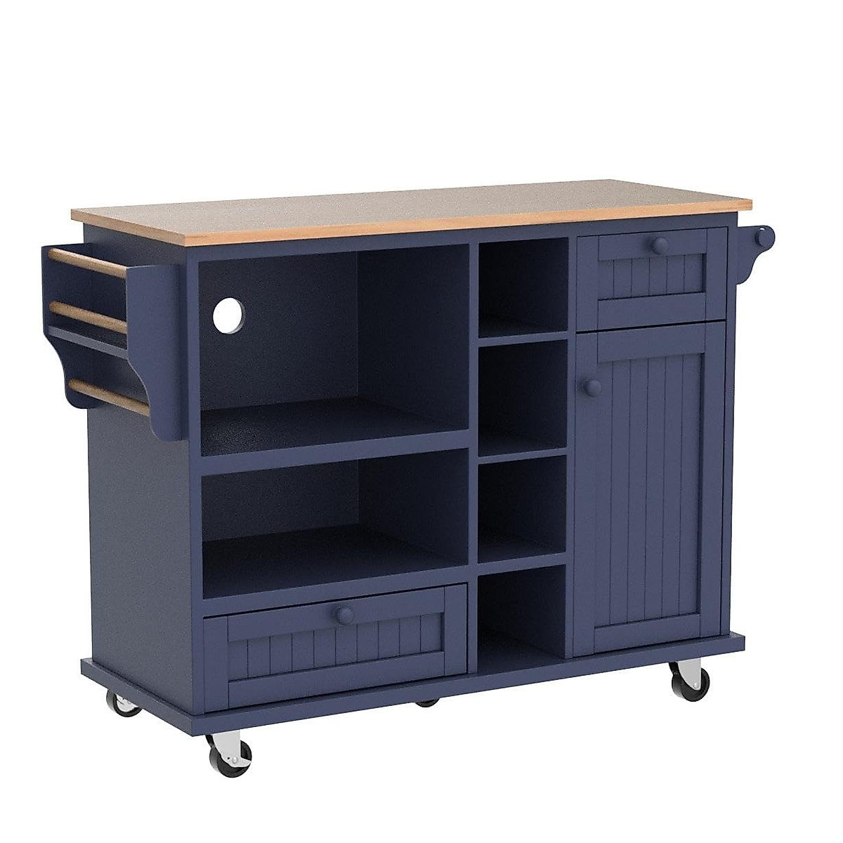 Polibi Kitchen Island Cart,Kitchen Island Table with Storage/Two Locking Wheels/Solid Wood Desktop,Microwave Cabinet,Floor Standing Buffet Server Sideboard for Kitchen Room,Dining Room(Dark Blue)