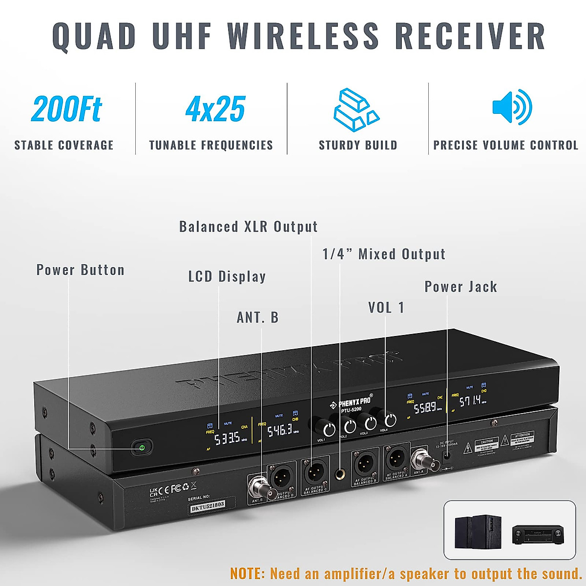 Phenyx Pro Wireless Microphone System, Metal Wireless Mic Set with 4 Cordless Mics, 4x25 UHF Adjustable Frequencies, 200ft Range, Dynamic Microphones for Singing, Karaoke, Church, DJ (PTU-5200-4H)