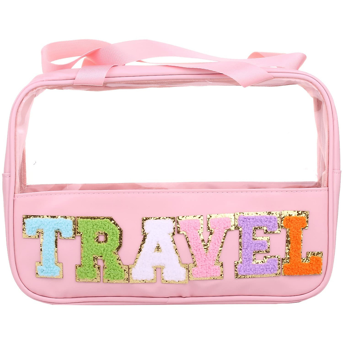 CRUOXIBB Chenille Letter Patch Clear PVC And PU leather Large Travel Makeup Toiletry Storage Bag Waterproof Makeup Tote Bag for Women (Travel-Pink)
