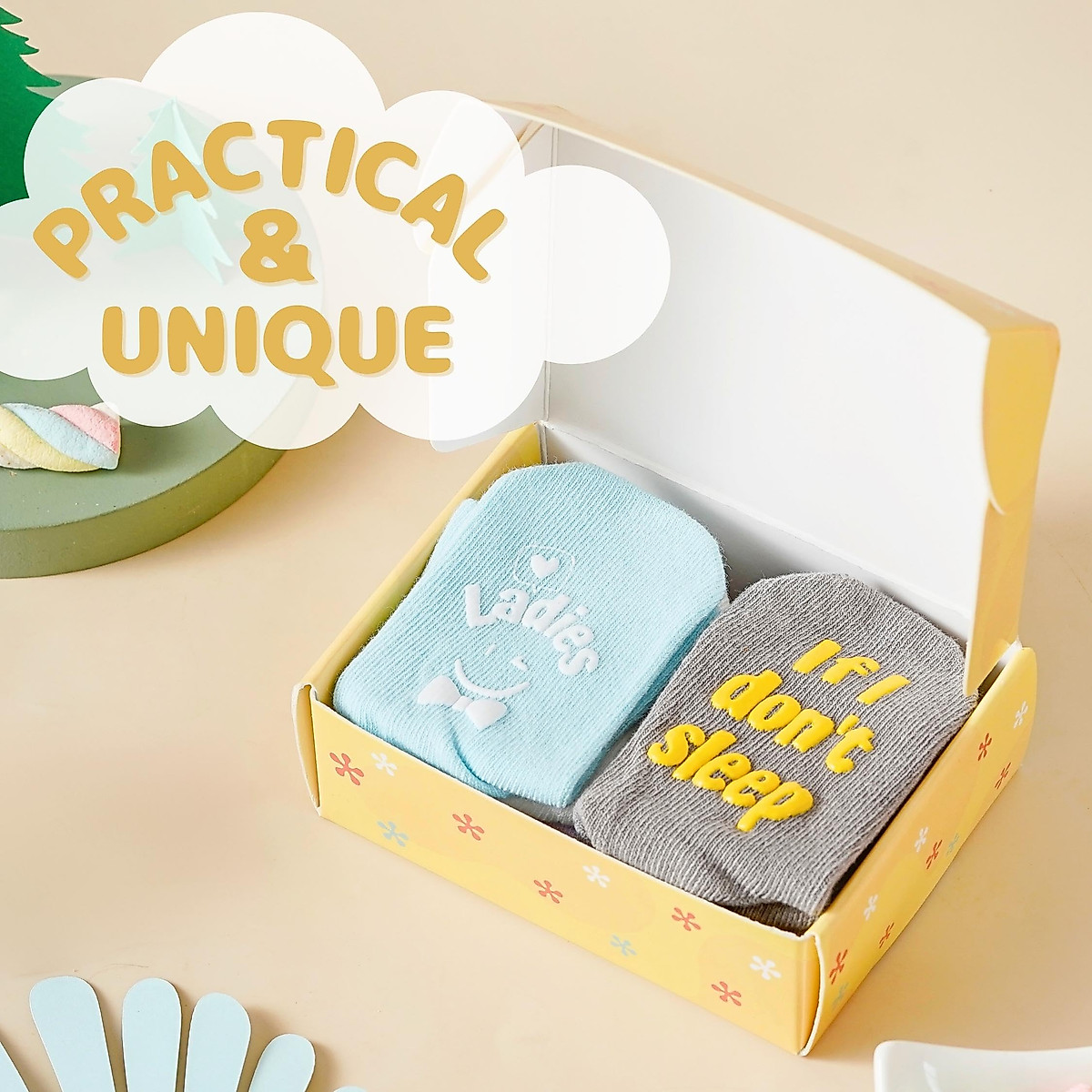 InnoBeta Baby Socks Set with Funny Quotes (4 Pairs) Newborn/Infant Socks for Baby Shower, Gender Reveal 3-12 Months, Gender Neutral