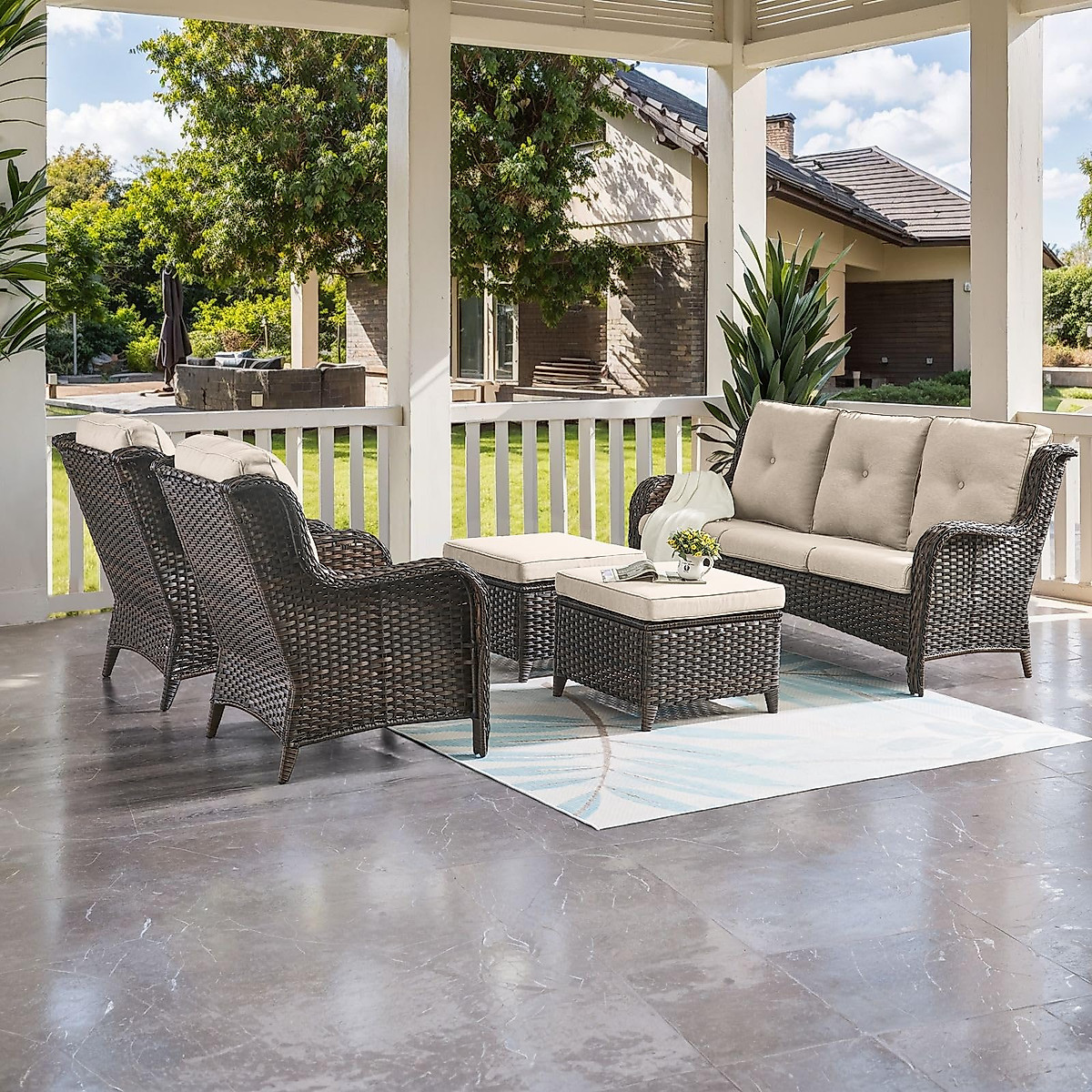 HUMMUH Outdoor Furniture 5 Pieces Patio Furniture Set Wicker Outdoor Sectional Sofa with 2 Patio Chairs,Ottomans