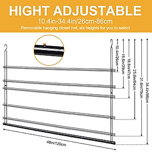 Hanging Closet Rod 48in, 6 Height Adjustable Heavy Duty Closet Rod, Black