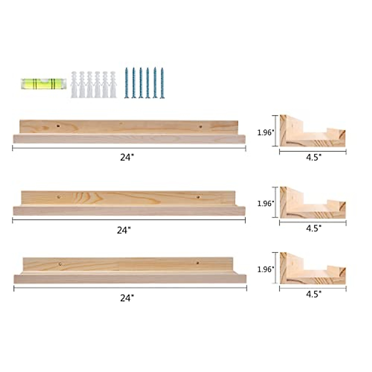 AZSKY 24 Inch Floating Shelves Natural Wood Wall Mounted Set of 3,Wooden Large Picture Ledge Shelf for Home Decoration for bedrooms,Office,Living Room, Kitchen,3 Same Sizes